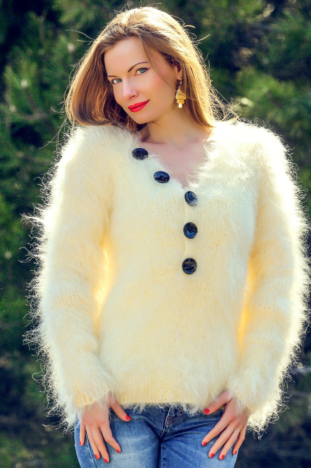 Fuzzy mohair sweater sexy top V neck jumper hand knit fluffy knitwear ...