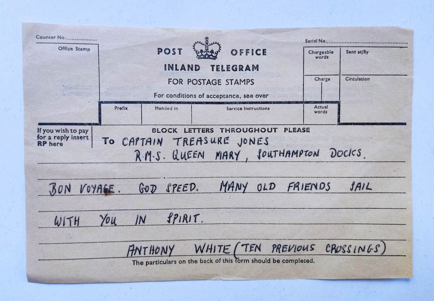 Cunard Ocean Liner R.M.S Queen Mary Post Office Inland Telegram | eBay