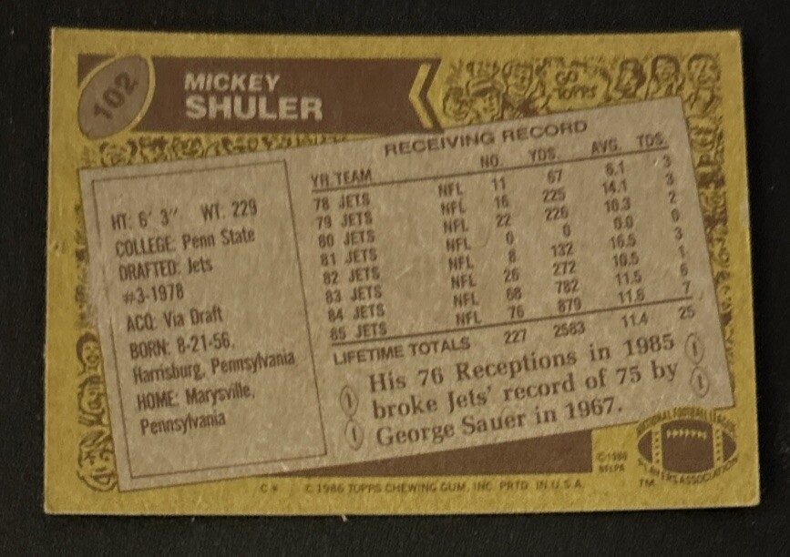 1986 Topps Mickey Shuler Football Card #102 Jets TE PR/FR O/C | eBay