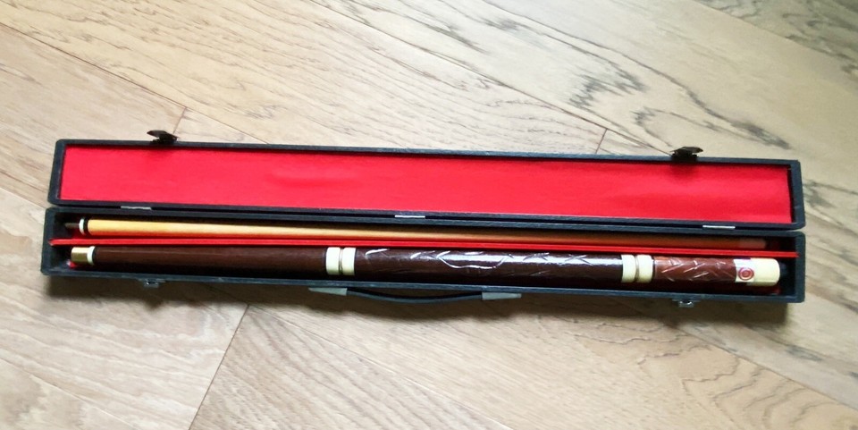 Champion Billiard Pool Cue Stick 2 Piece w/Case Carved Wood Tiki Brass ...