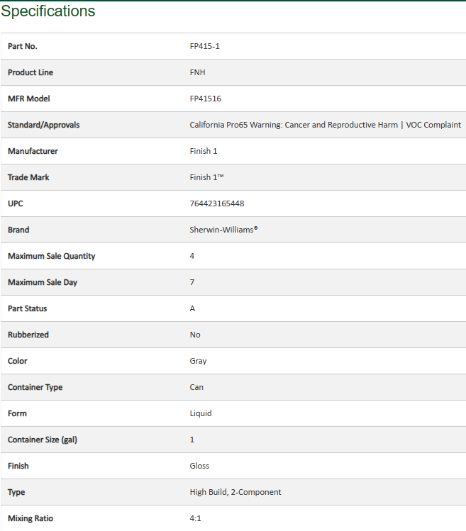 Sherwin Williams FP415 Finish 1 2.1 2K High Build DTM Primer Gal w ...