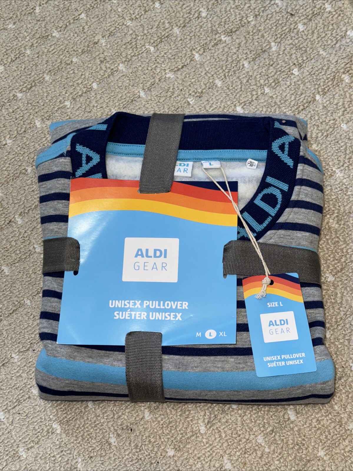 ALDI Gear 2024 Stripes Gray Blue Logo Pullover Unisex Sweatshirt Size L ...