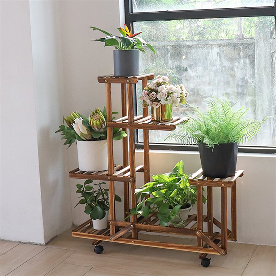 5 Tier Plant Stand Pine Wood Rolling Flower Pot Holder Shelf Rack ...