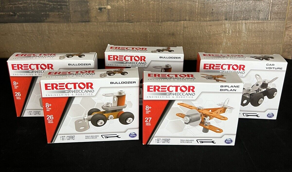 Lot of 5 ERECTOR by Meccano Sets Bulldozer Car Biplane Engineering and ...