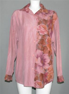 VTG NINON de Lenclos Floral Side Cuffs Collar Dusty Pink Long Blouse Wm ...