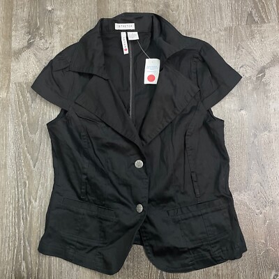NWT Voice Womans Top Blouse Short Sleeve Black Button Stretch Deep V ...