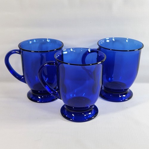 Set of 3 NEW Vintage Anchor Hocking Cobalt Blue Footed Mugs 16 oz D ...