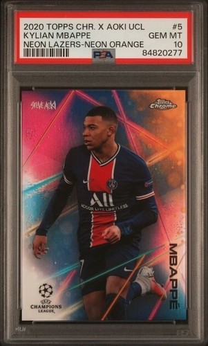 2020-21 Topps Chrome Aoki UCL Kylian Mbappe Neon Lazers Neon Orange PSA ...
