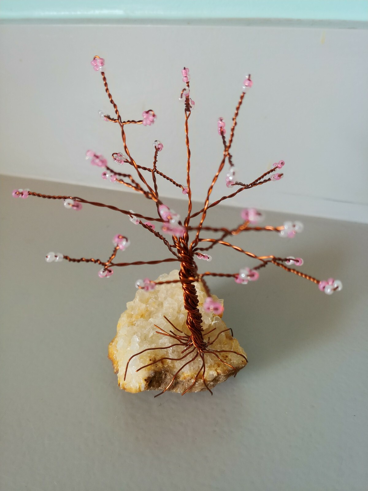 NEW set of 2 french beaded flower handmade tree geode tree rock pink ...