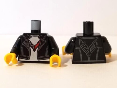 LEGO Minifigure Black Leather Chevy Jacket Tshirt Logo Chevy White Red ...