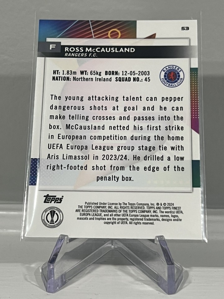 Ross McCausland 2023-24 Topps Finest UEFA Base #53 Rookie RC Rangers F ...