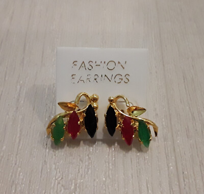 Festive Tri-Color Leaves On The Branch Earrings VIVID BLACK RED GREEN ...