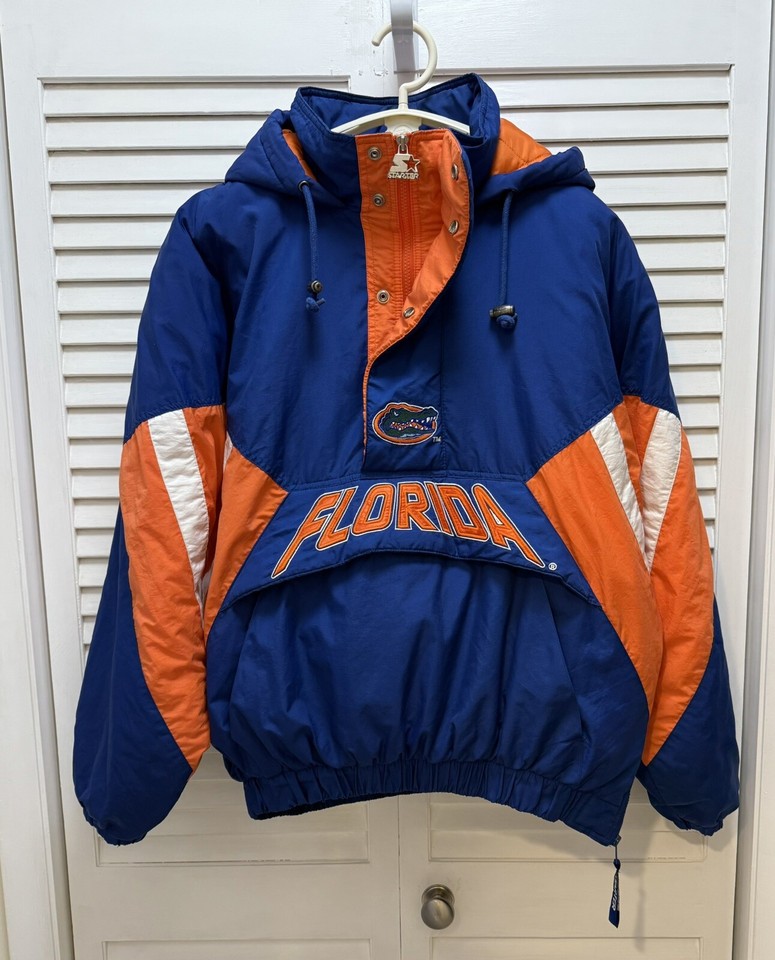 VINTAGE STARTER FLORIDA GATORS HOODED PUFFER JACKET NCAA HALF ZIP SIDE ...