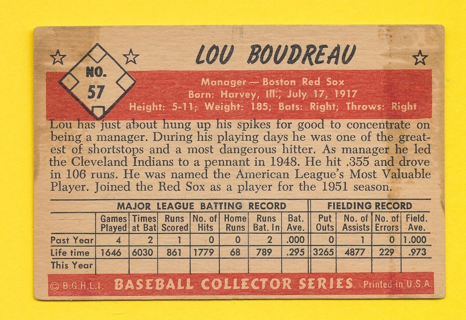 LOW GRADE LOU BOUDREAU HOF 1953 BOWMAN COLOR #57 UNCREASED GUNK BACK ...