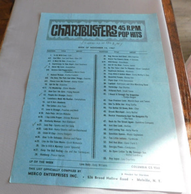 CHARTBUSTERS 45 RPM POP HITS LIST BY MERCO ENTERPRISES 11/12/67 | eBay