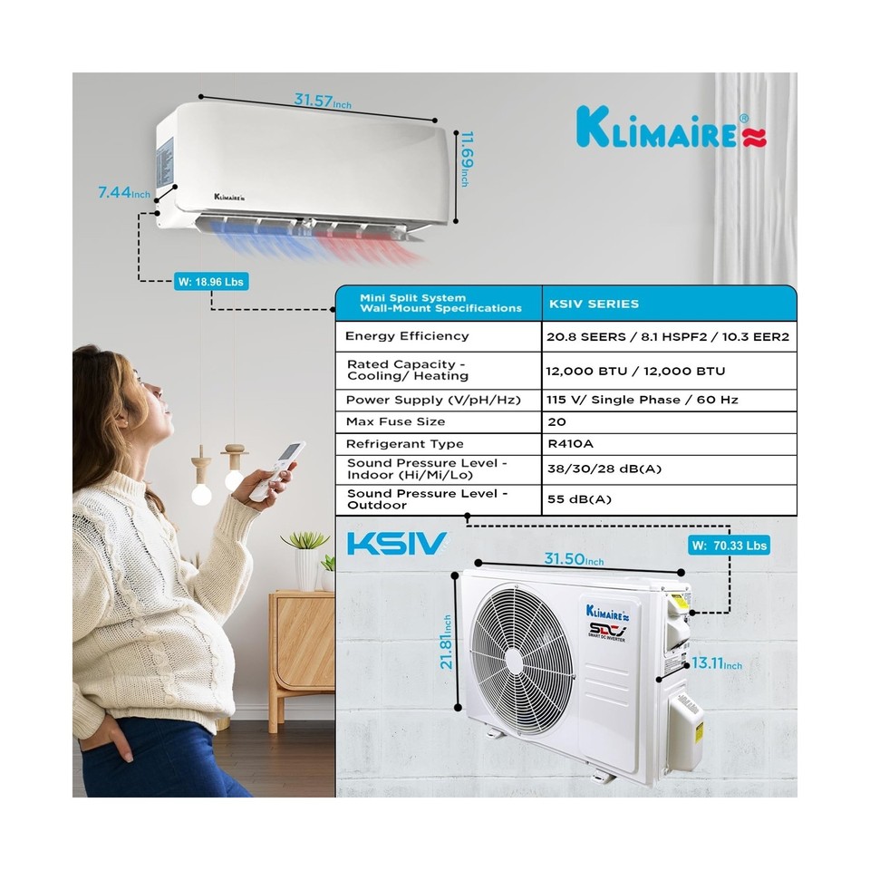 Klimaire 12,000 BTU 20.8 SEER2 Ductless Mini-Split Inverter Air ...