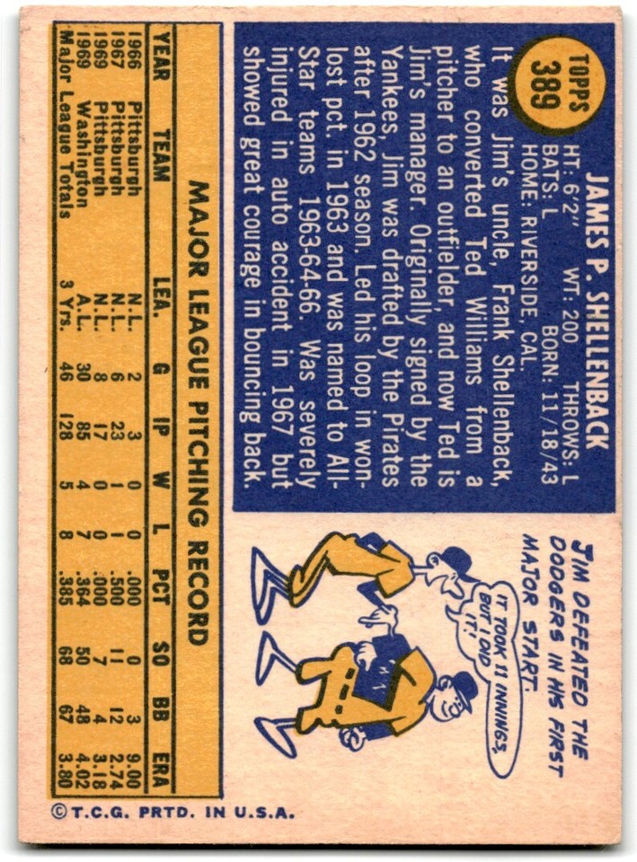 1970 Topps Baseball Jim Shellenback Washington Senators #389 | eBay