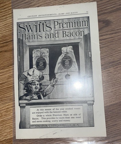 1909 SWIFT'S PREMIUM Ham & Bacon Vintage Print Ad THE OTHER SIDE IVORY ...