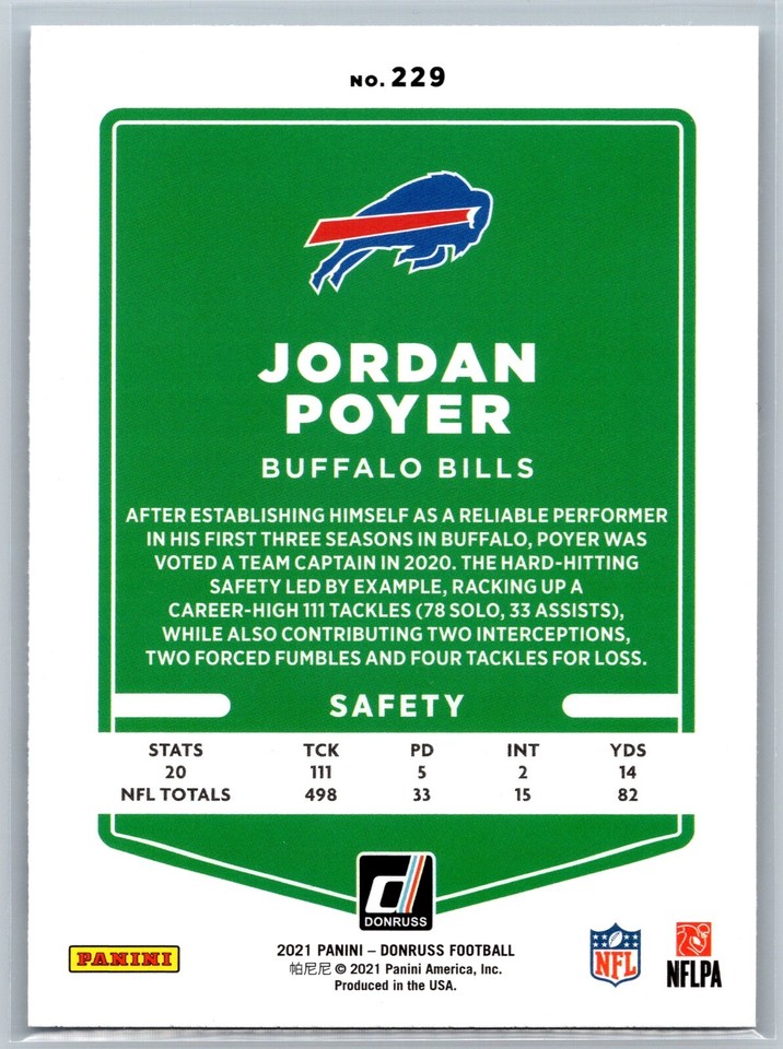 Jordan Poyer 2021 Panini Donruss Football #229 Buffalo Bills NFL ...