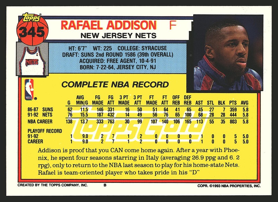 1992-93 Topps #345 Rafael Addison Gold | eBay