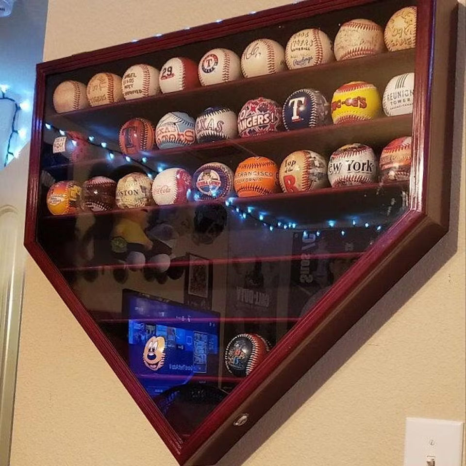Baseball Display Case 30 Walnut Wood MLB Autograph Ball Rack Holder ...