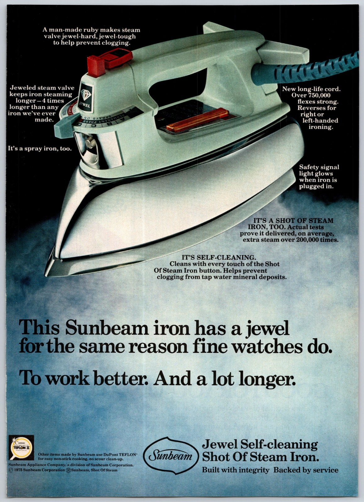 1975 PRINT AD Sunbeam Jewel Self-Cleaning Shot of Steam Iron Man Made ...