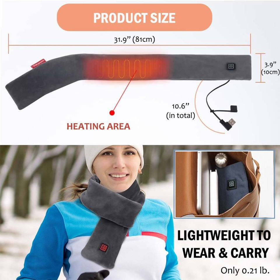 Electric Heated Scarf USB Rechargeable Neck Heating Pad Winter Warmer ...