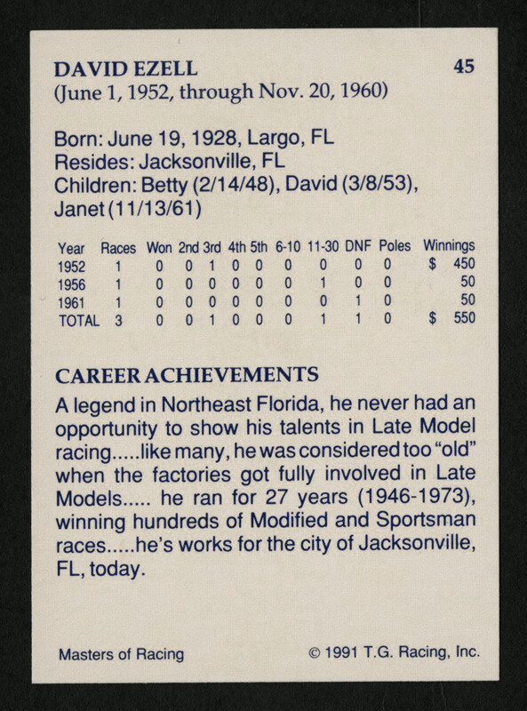 1991 DAVID EZELL AUTOGRAPHED HQ SIGNED OFFICIALLY LICENSED PQ NASCAR RACING CARD | eBay