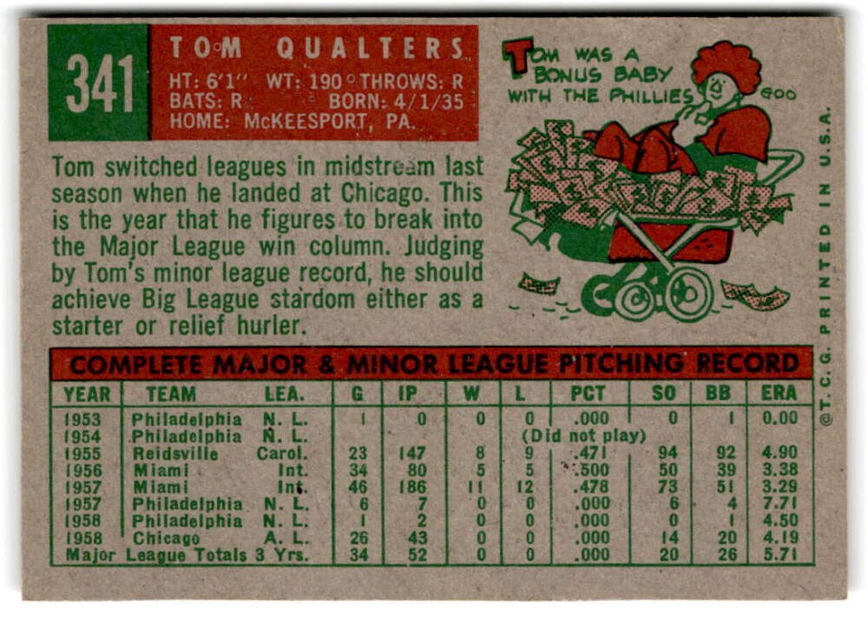 1959 Topps #341 Tom Qualters EX Chicago White Sox Baseball Trading Card ...