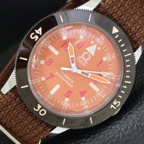 SWISS VINTAGE TITUS HAND-WINDING MENS TURNABLE BEZEL ORANGE DIAL WATCH ...
