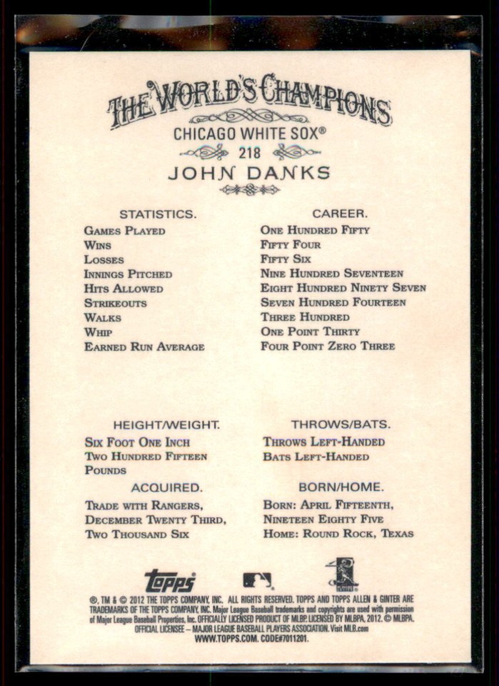 2012 Topps Allen & Ginter John Danks #218 Chicago White Sox | eBay