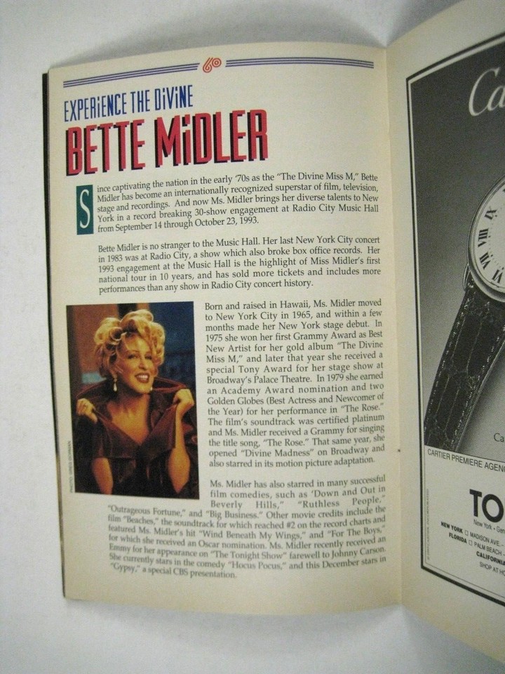 Beth Midler Radio City Music Hall 1993 Program Experience the Divine | eBay