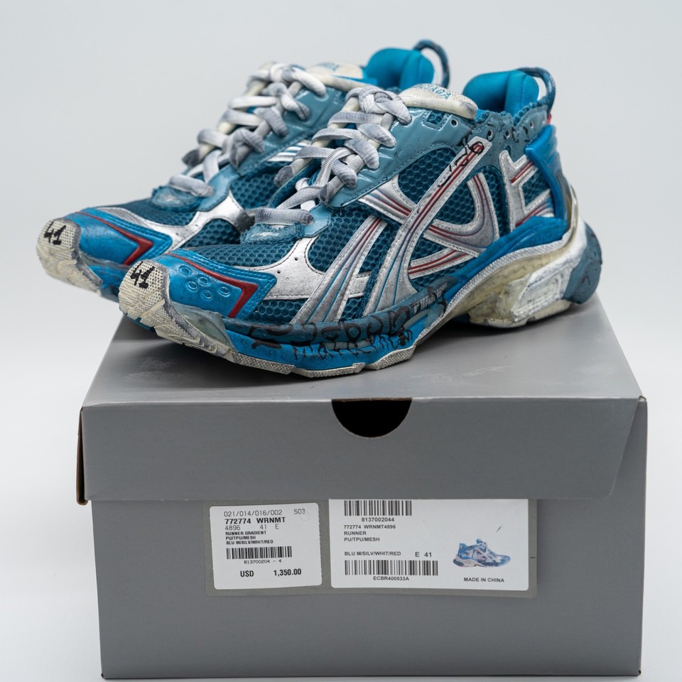size 41eu 8 US Balenciaga Runner Blue Silver Sneakers White Red | eBay