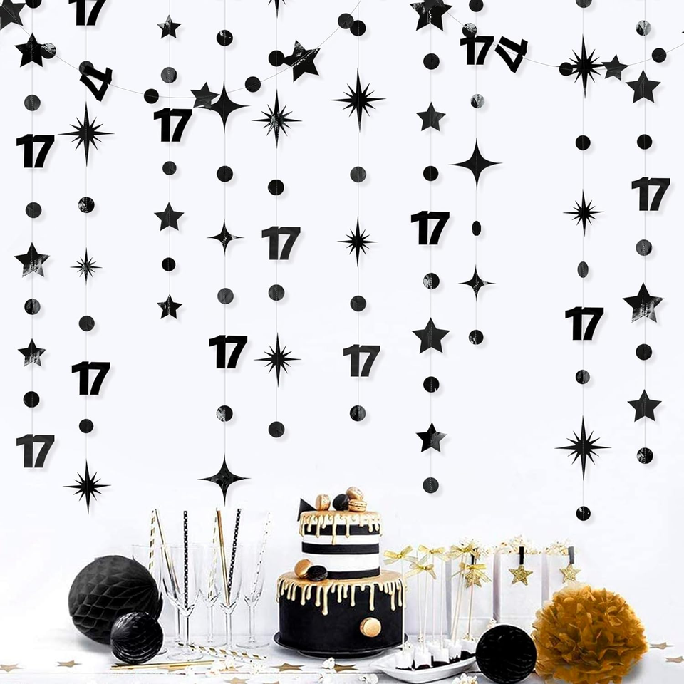 Black 17Th Polka Dot Star Garland Streamer Metallic Paper Black Number ...