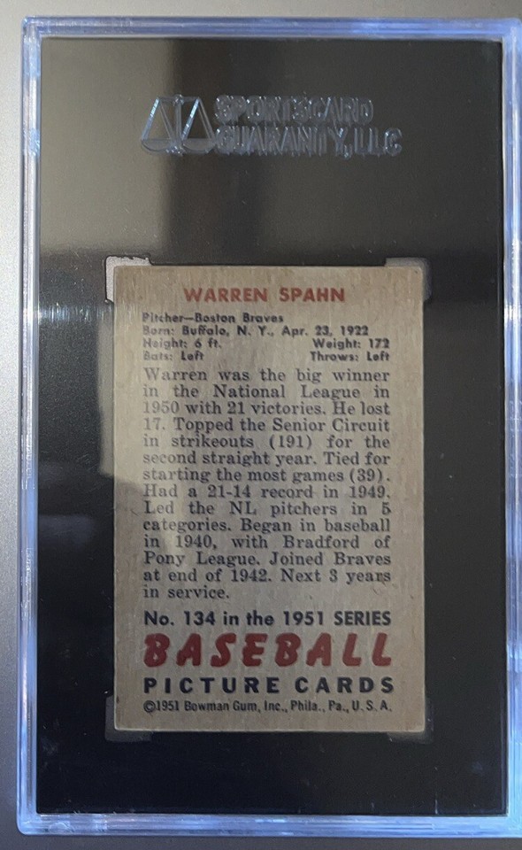 1951 Bowman - #134 Warren Spahn HIGH END CENTERING SGC 5 Excellent | eBay