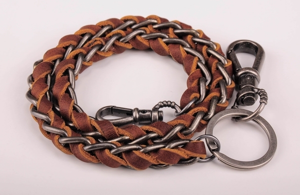 C49 Brown Braided Leather & Metal Rocker Biker Jean Keychains Key ...