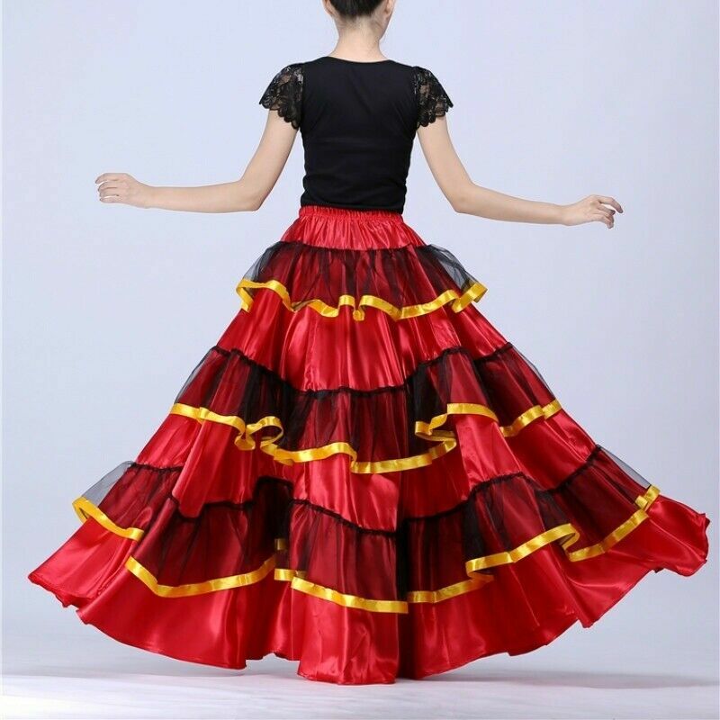 Women Ballroom Layered Ruffle Dance Skirt Swing Spanish Flamenco ...