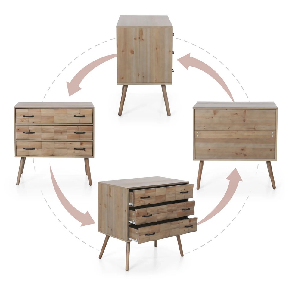 3 Drawer Dresser Storage Cabinet with Fir Wood Drawers Front and Pine ...