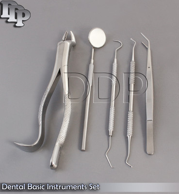 5 Dental Basic Instruments Set Mirror, Plier, Explorer, Extracting ...
