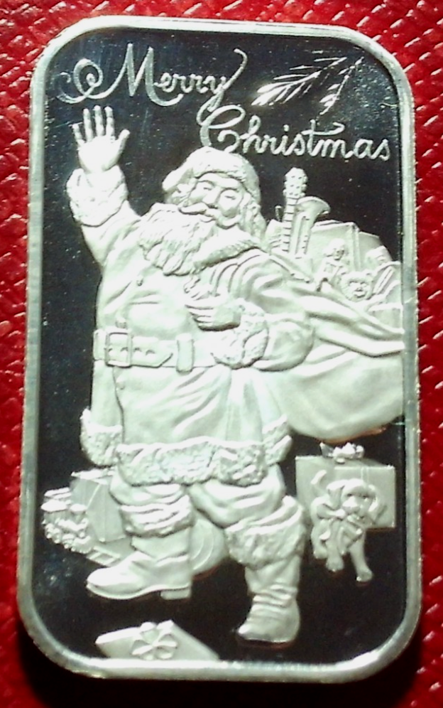 Merry Christmas-Santa w/Bag of Toys Bar-SilverTowne Mint 1 Troy oz.999 ...