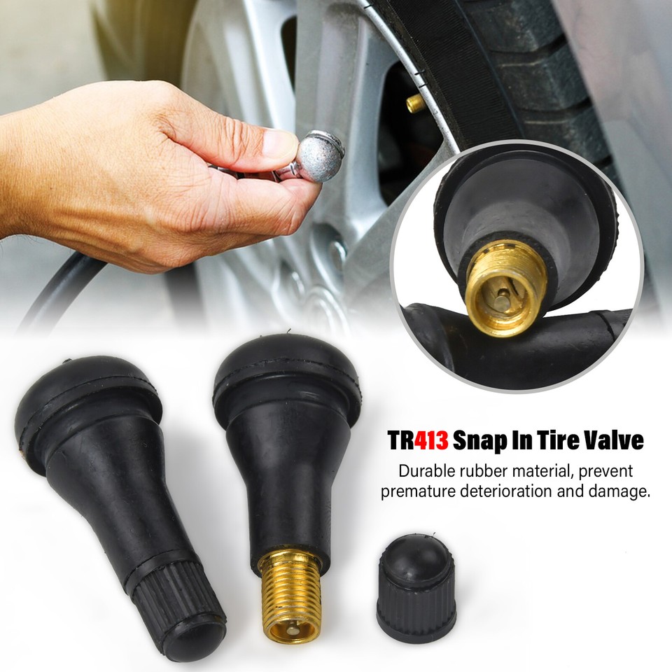 Pack Of 100 TR413 Tubeless Tyre Valves & Dust Caps Rubber Snap In Car ...
