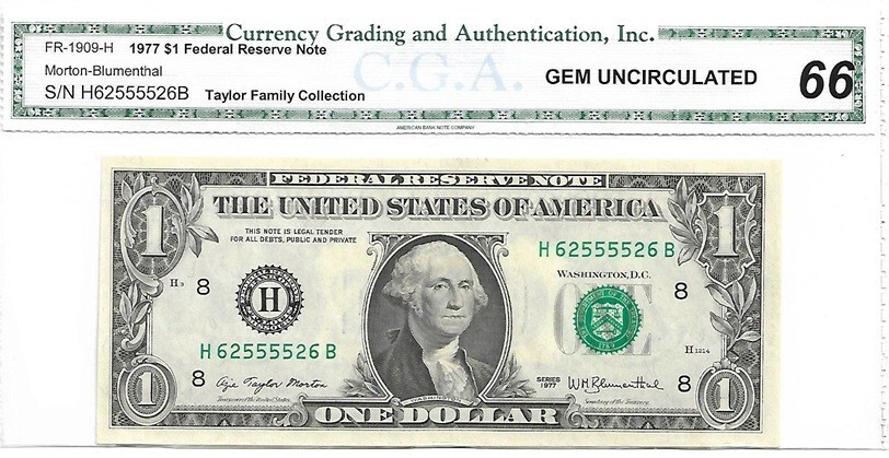 GRADED CGA GEM Unc 66 - 1977 $1 FRN Fancy S/N RADAR Note - H62555526B ...