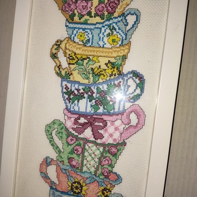 Framed Cross Stitch Teacup Stack Art Handcrafted Tea Theme Decor 20x10 ...