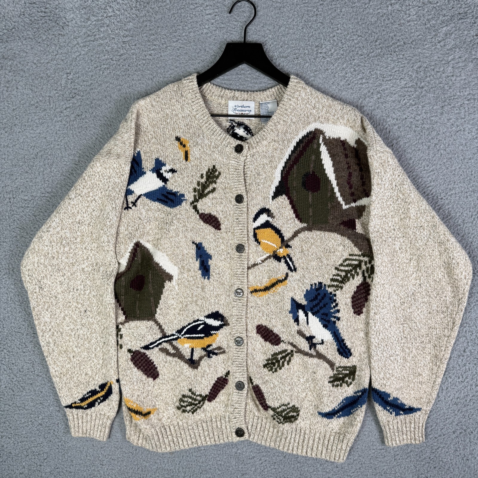 Vintage 90's Bird Cardigan Sweater Size Large Wool Bl… - Gem