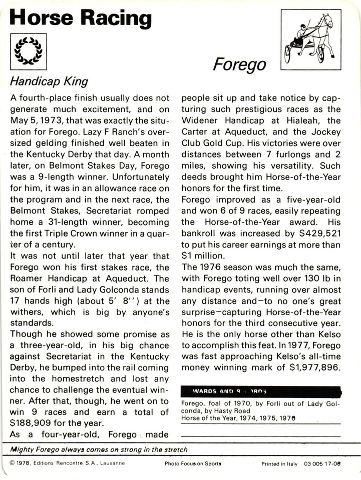 FOREGO Horse Racing Photo history 1978 SPORTSCASTER CARD #17-06 | eBay