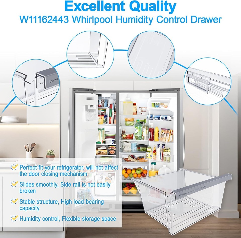 2 PACK W11162443 Refrigerator Crisper Drawer For Whirlpool W10899435 ...