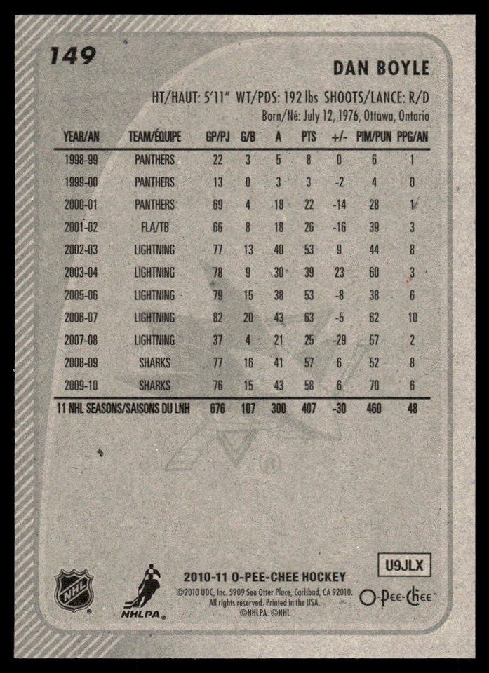 2010-11 O-Pee-Chee #149 Dan Boyle San Jose Sharks Hockey Card | eBay