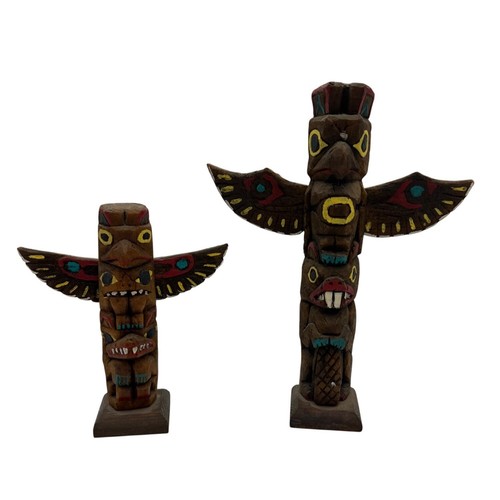 Pair Alaska Traditional Native Arts Wood Totem Poles 7.5" 5" Hand ...