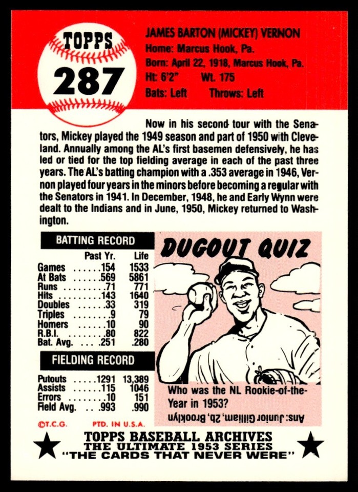1991 Topps Archives 1953 Mickey Vernon Washington Senators #287 | eBay