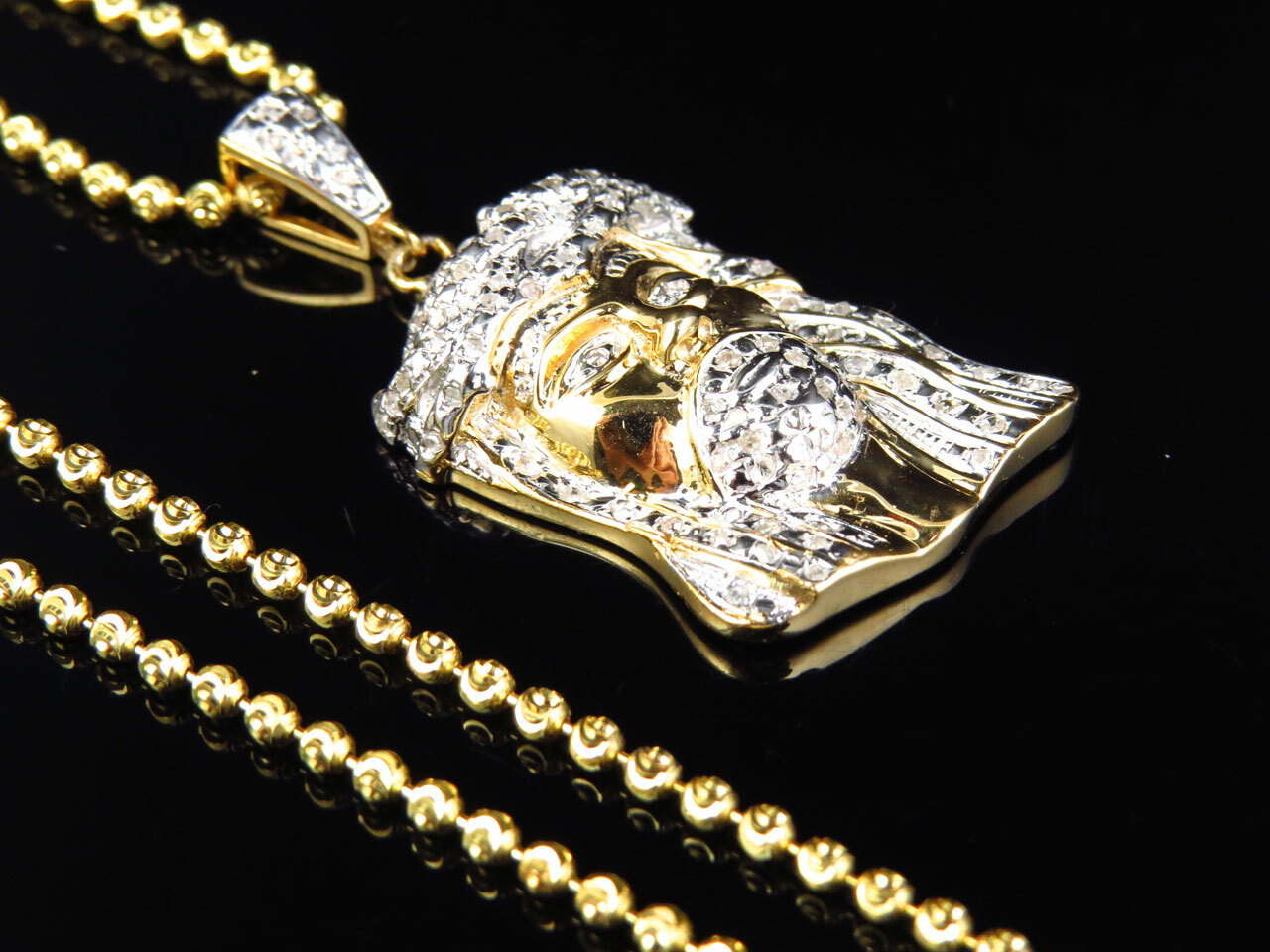Real Diamond Jesus Face Piece Pendant & Chain In Yellow Gold Plated 1. ...